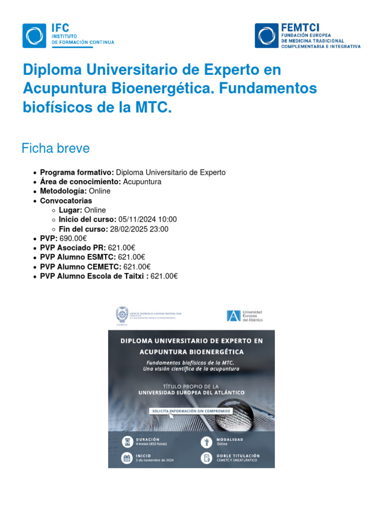 Diploma Universitario de Experto en Acupuntura Bioenergetica Fundamentos Biofisicos de La MTC ...