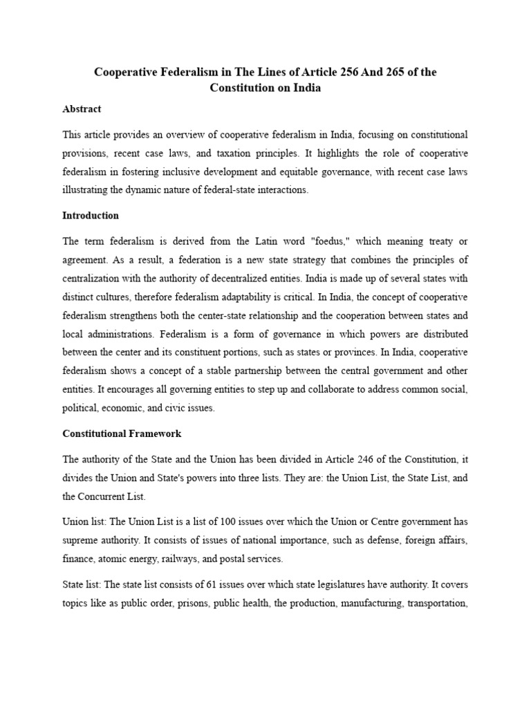 Cooperative Federalism in The Lines of Article 256 and 265 of The ...