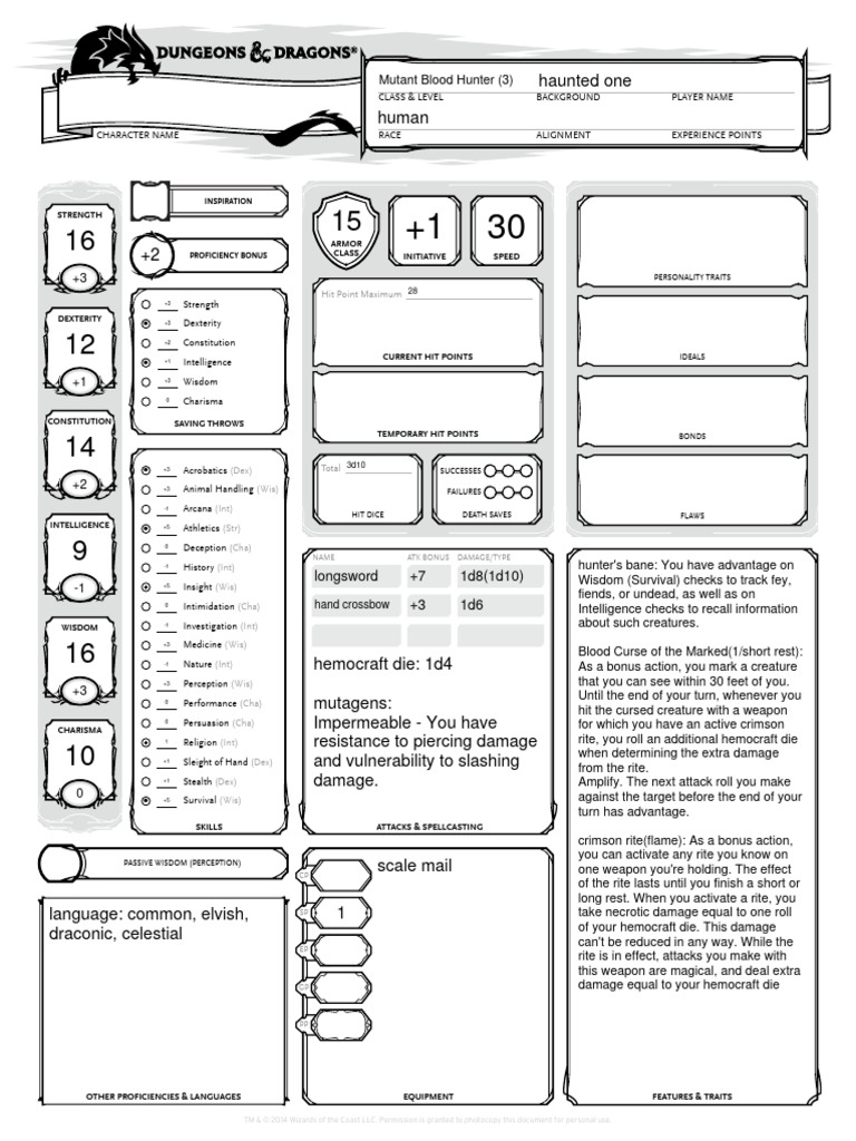 Mutant Blood Hunter Character Sheet | PDF | Tabletop Games | Gaming