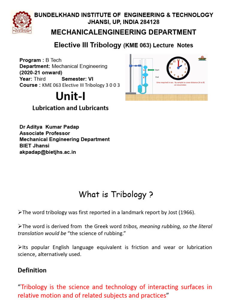 2-1 Unit 1 Part 1 Tribology | PDF | Wear | Viscosity