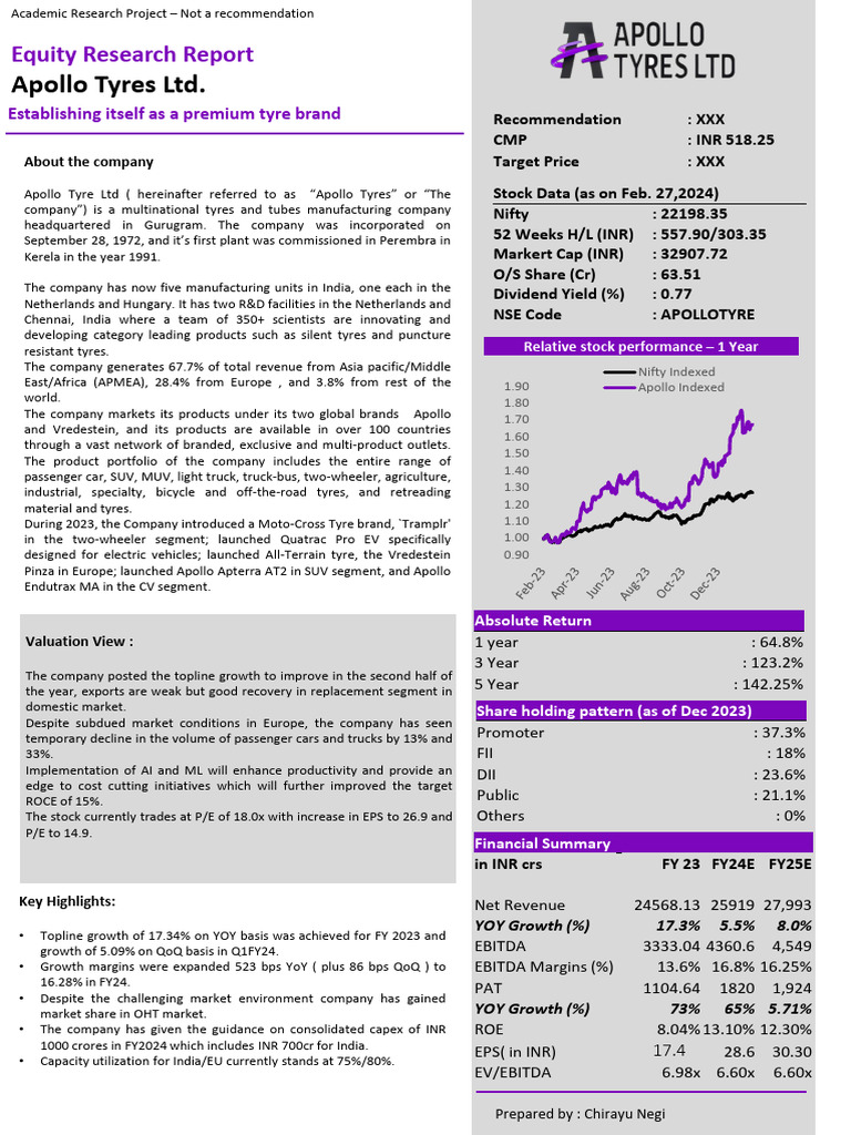 Apollo Tyres Equity Research Report | PDF | Cost Of Living | Electric ...