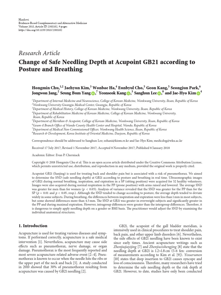 Change of Safe Needling Depth at Acupoint GB21 According To Posture and ...