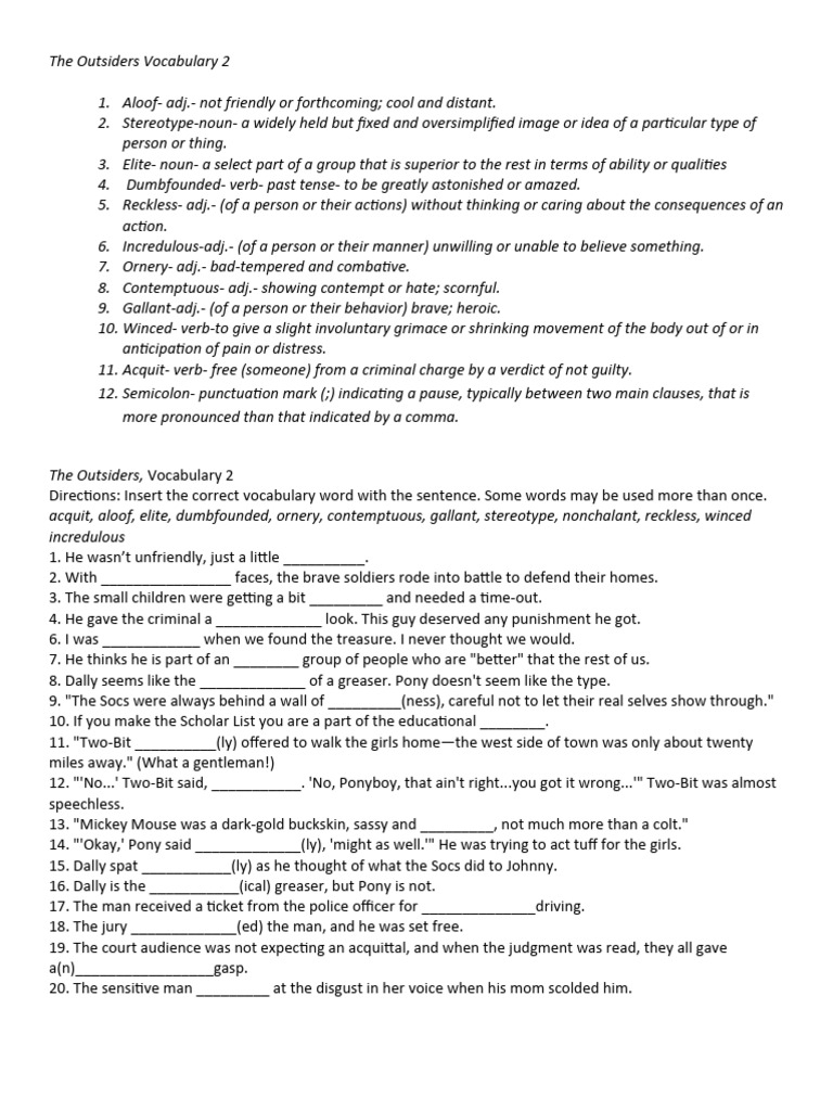 Vocabulary Definitions from The Outsiders | PDF | Language Mechanics ...