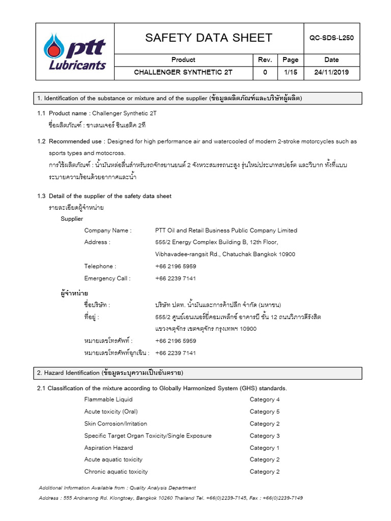 Safety Data Sheet: QC-SDS-L250 Product Rev. Page Date Challenger ...