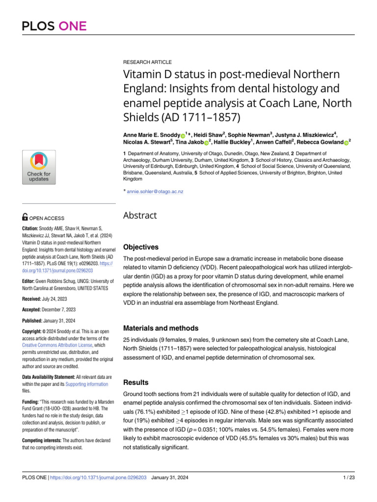 Vitamin D Status in Post-Medieval Northern England: Insights From ...