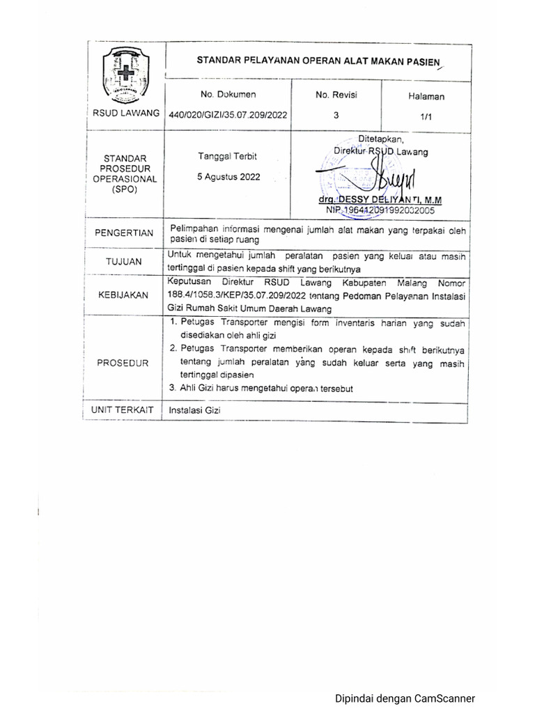 Standart Pelayanan Operan Alat Makan Pasien | PDF
