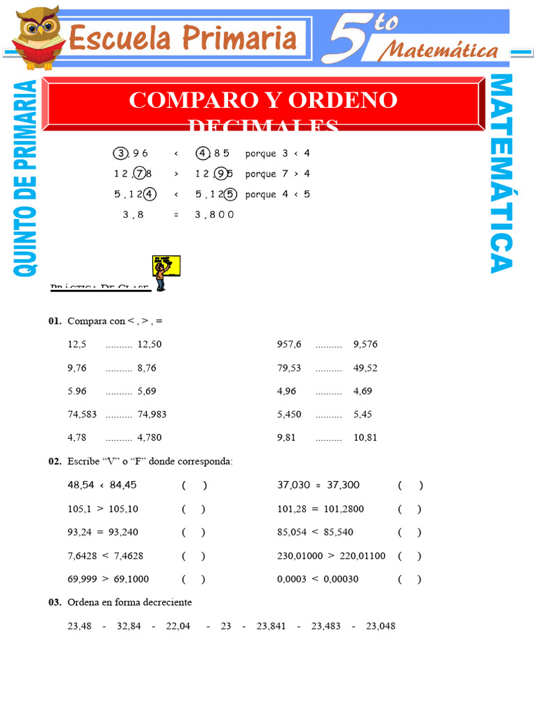 Comparando y Ordenando Decimales para Quinto de Primaria | PDF ...