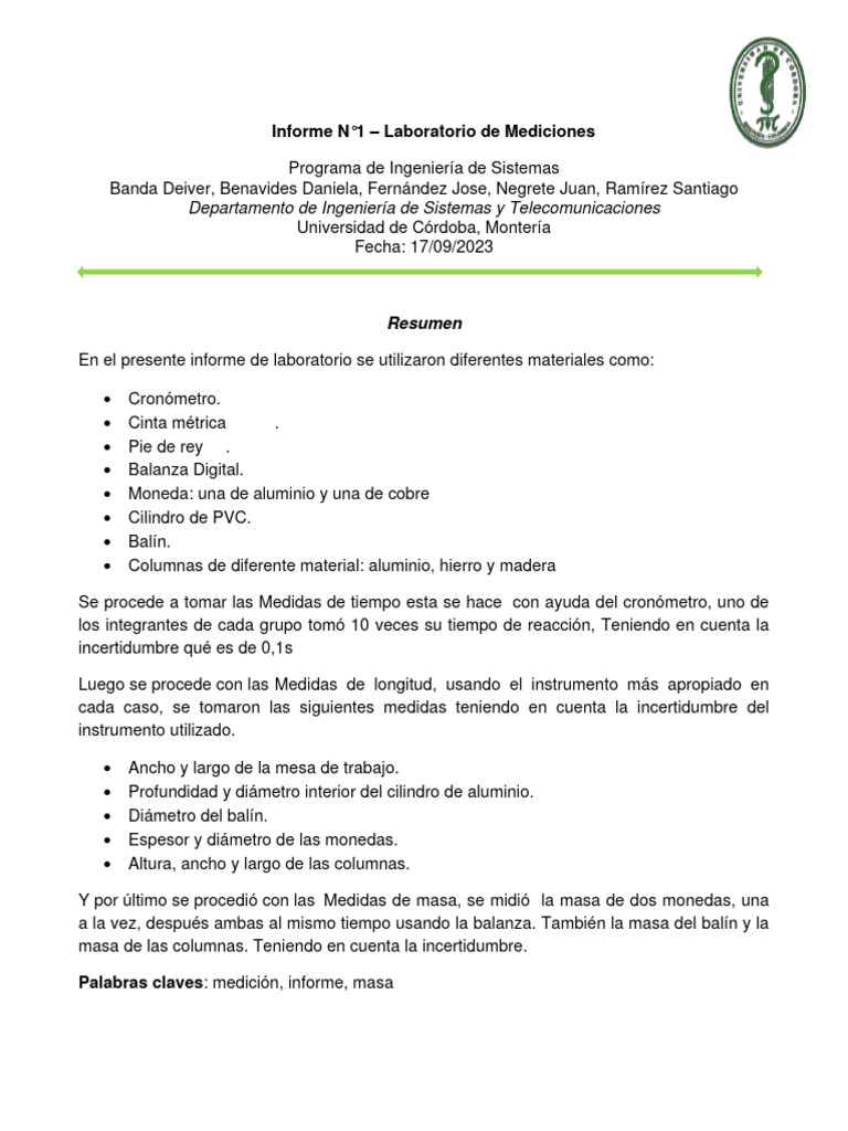 Informe Laboratorio | PDF | Medición | Cantidades fisicas