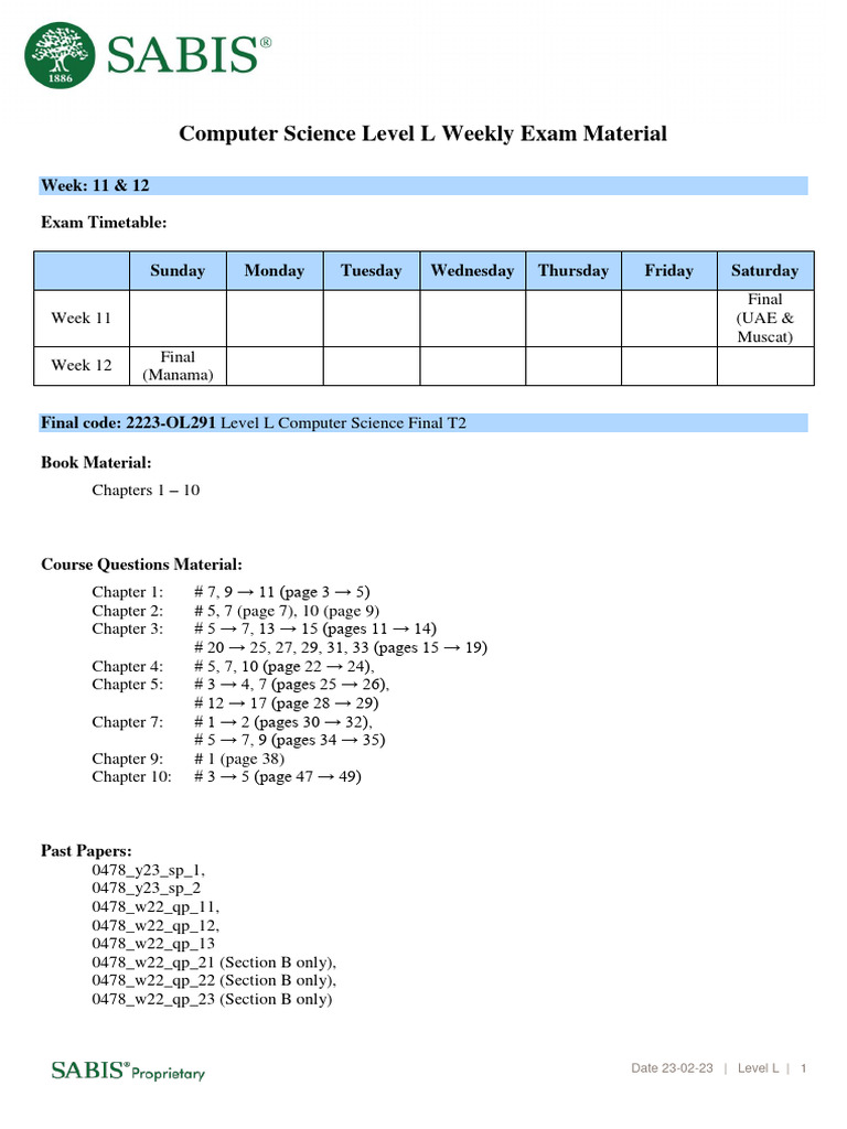 2223 Level L Computer Science Final Exam Related Material T2 | PDF