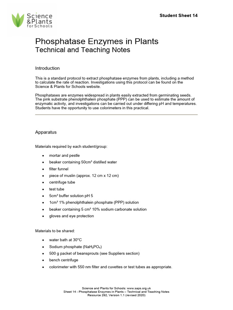 SAPS Sheet 14 Phosphatase Enzymes in Plants Technical and Teaching ...