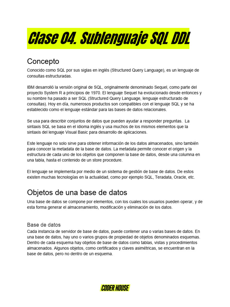 Clase 04 - Sublenguaje SQL DDL | Descargar gratis PDF | SQL | Bases de datos
