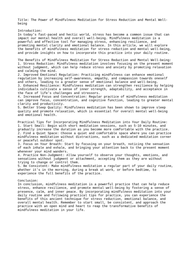 The Power of Mindfulness Meditation For Stress Reduction and Mental ...