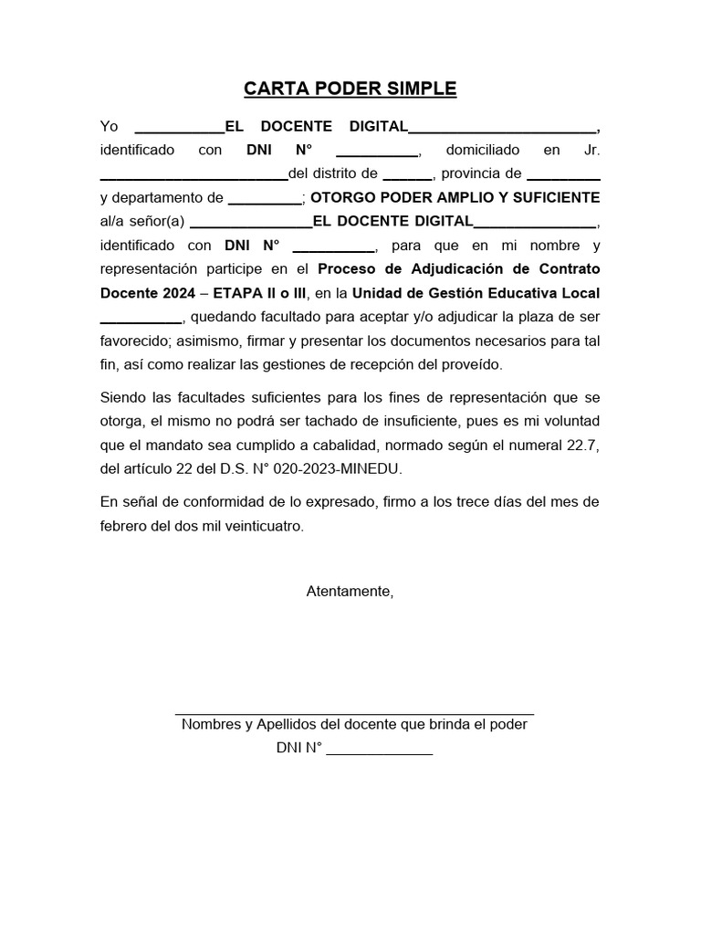 Carta Poder Simple El Docente Digital Pdf
