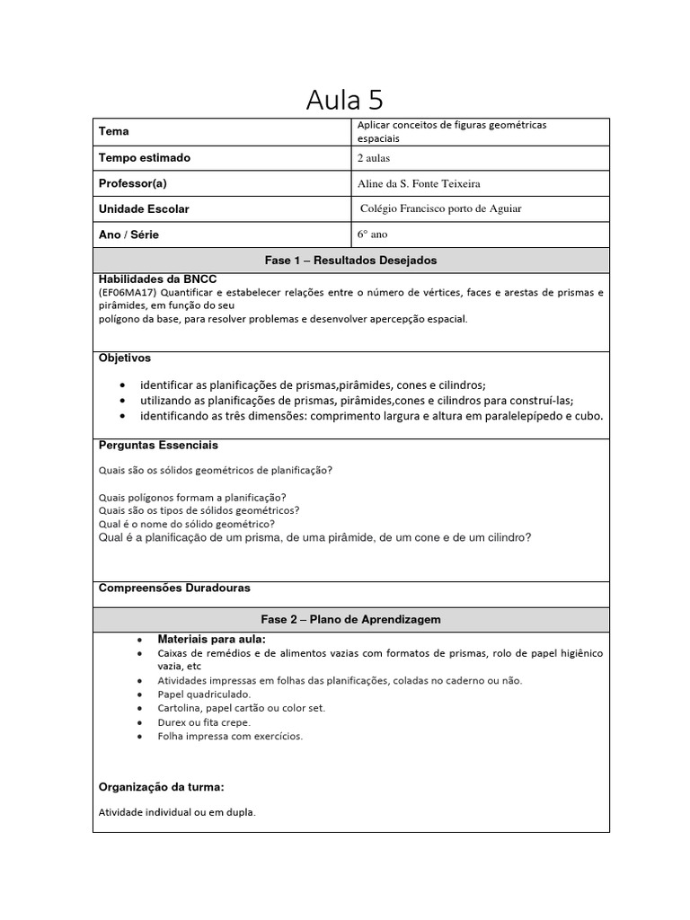 Plano de Aula - Geometria 6° Ano Aula 5-1 | PDF | Geometria | Lição Plano de Aula - Geometria 6° Ano Aula 5-1 | PDF | Geometria | Lição