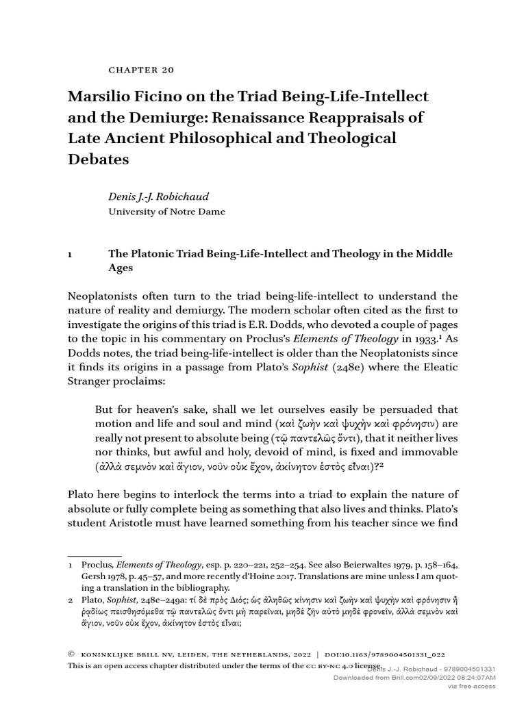 Marsilio Ficino On The Triad Being-Life-Intellect and The Demiurge ...