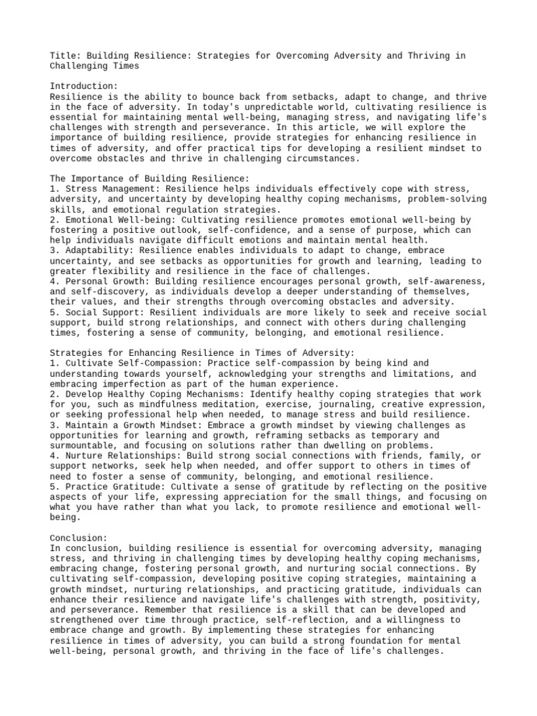 Building Resilience Strategies For Overcoming Adversity and Thriving in ...