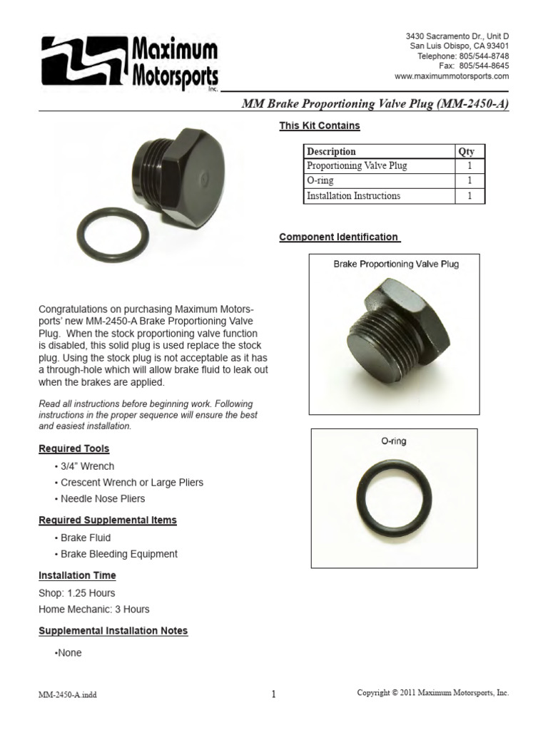 MM Brake Proportioning Valve Plug (MM-2450-A) : This Kit Contains ...