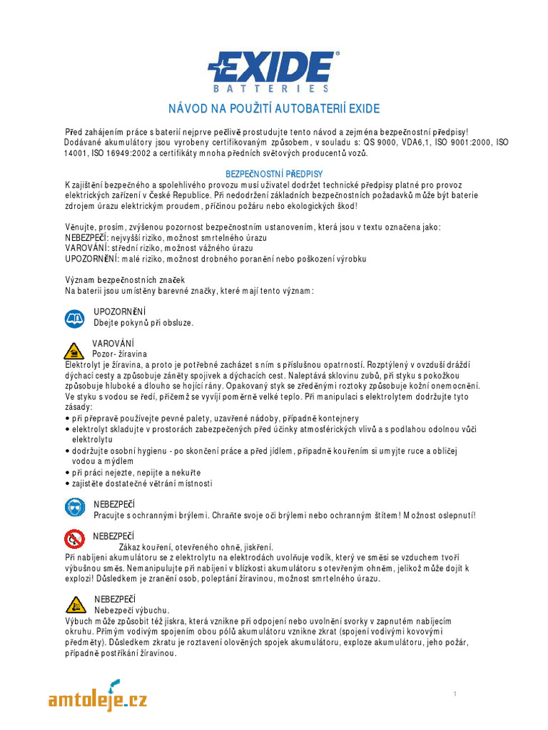 Navod Autobaterie Exide Amtoleje - CZ | PDF