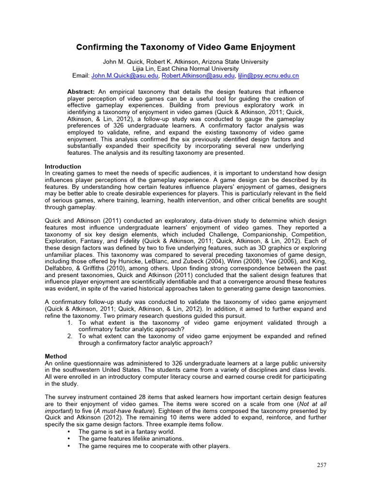 Video Game Enjoyment Taxonomy Study | PDF | Psychology | Cognition