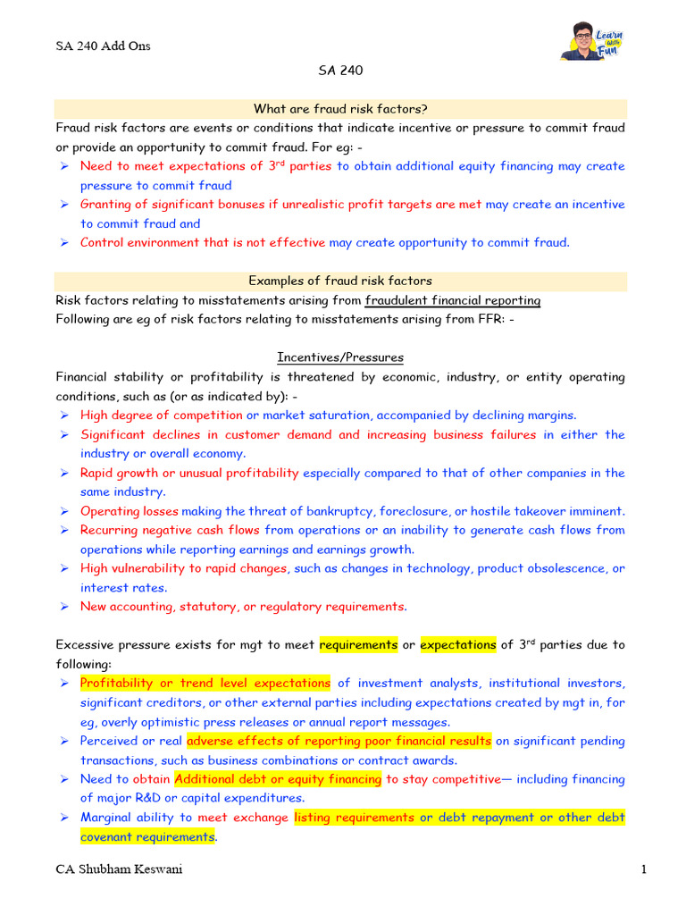 SA 240 Add Ons | PDF | Internal Control | Risk