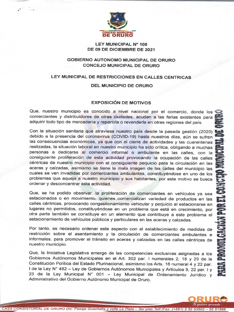 Ley Muncipal 108 Ley Muncipal de Restricciones en Calles Centricas Del ...