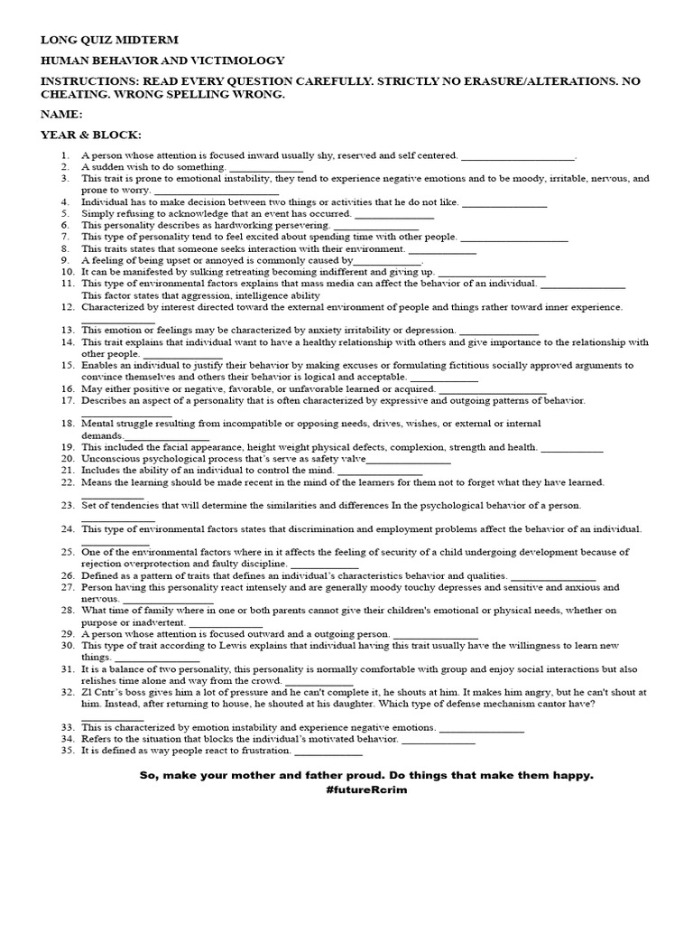 Long Quiz Midterm | PDF | Behavior | Mind
