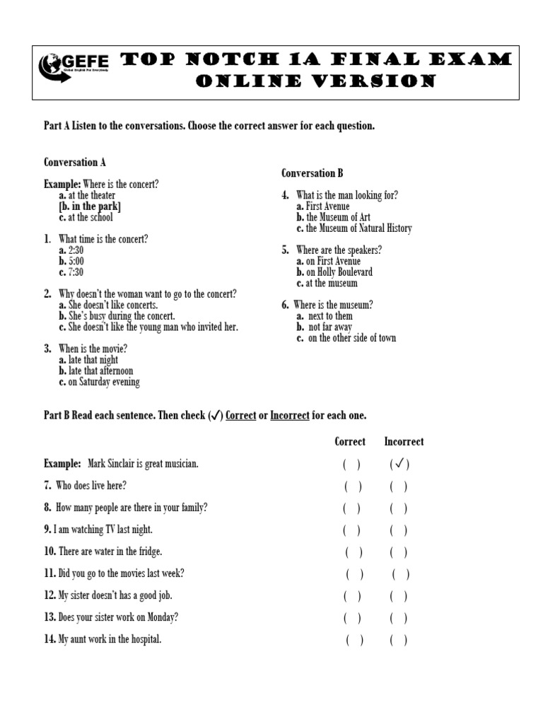 Top Notch 1A Final Exam Online Version | PDF | Photocopier