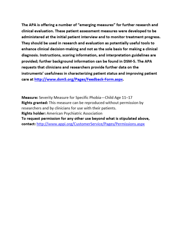 APA DSM5 Severity Measure For Specific Phobia Child Age 11 To 17 | PDF ...