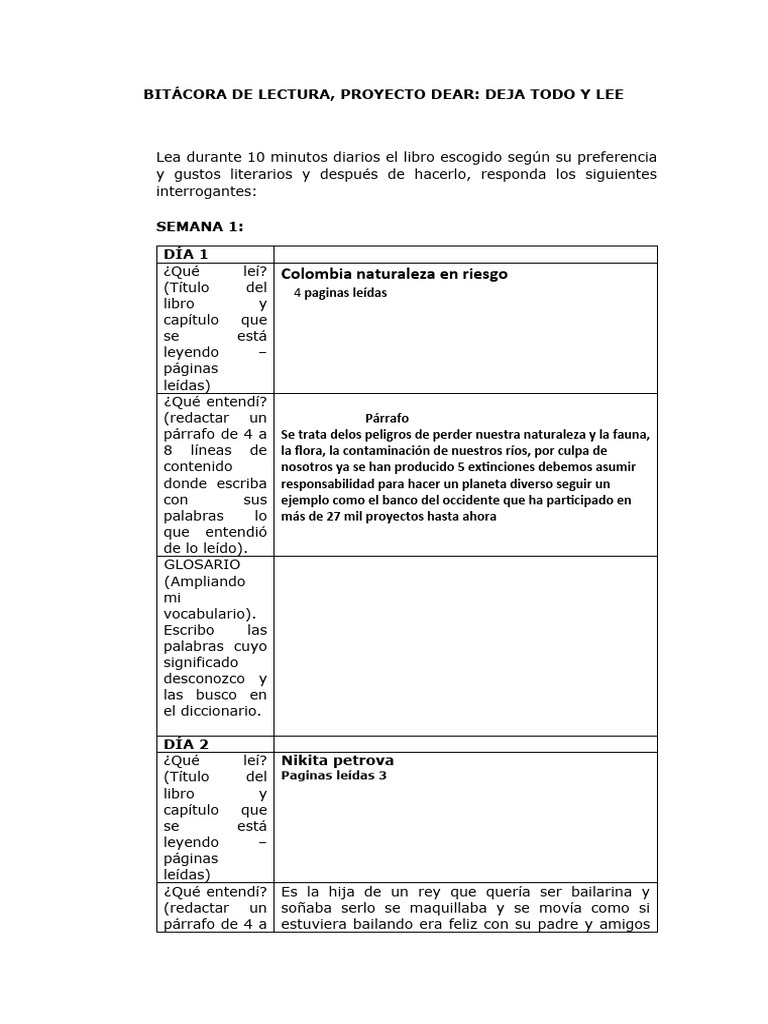Bitácora de Lectura: Proyecto DEAR | PDF | Diccionario