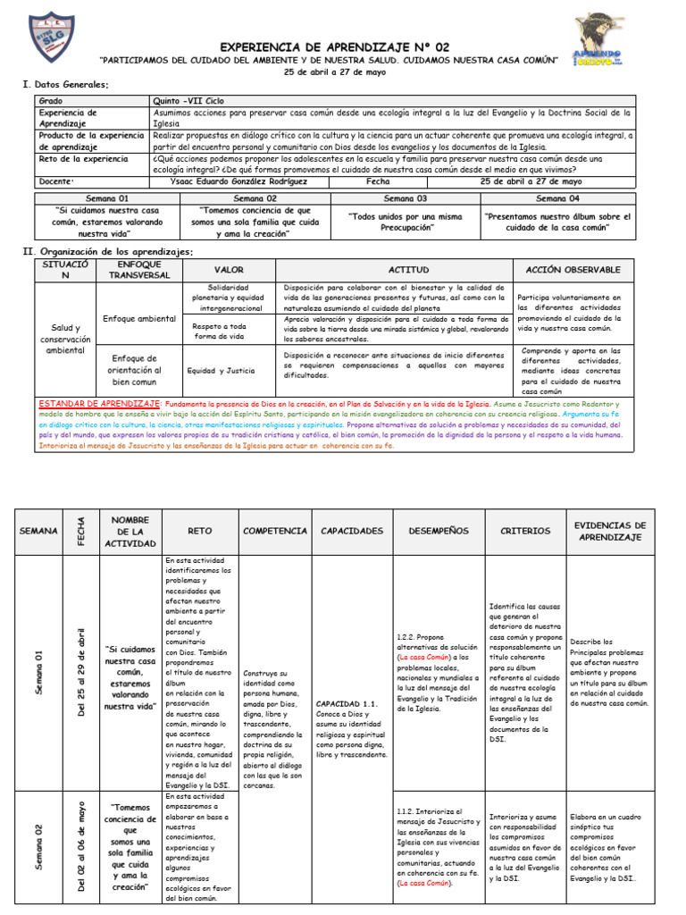 Experiencia de Aprendizaje N 02 Ciclo Vii - Quinto | PDF | Fe | Iglesia Católica