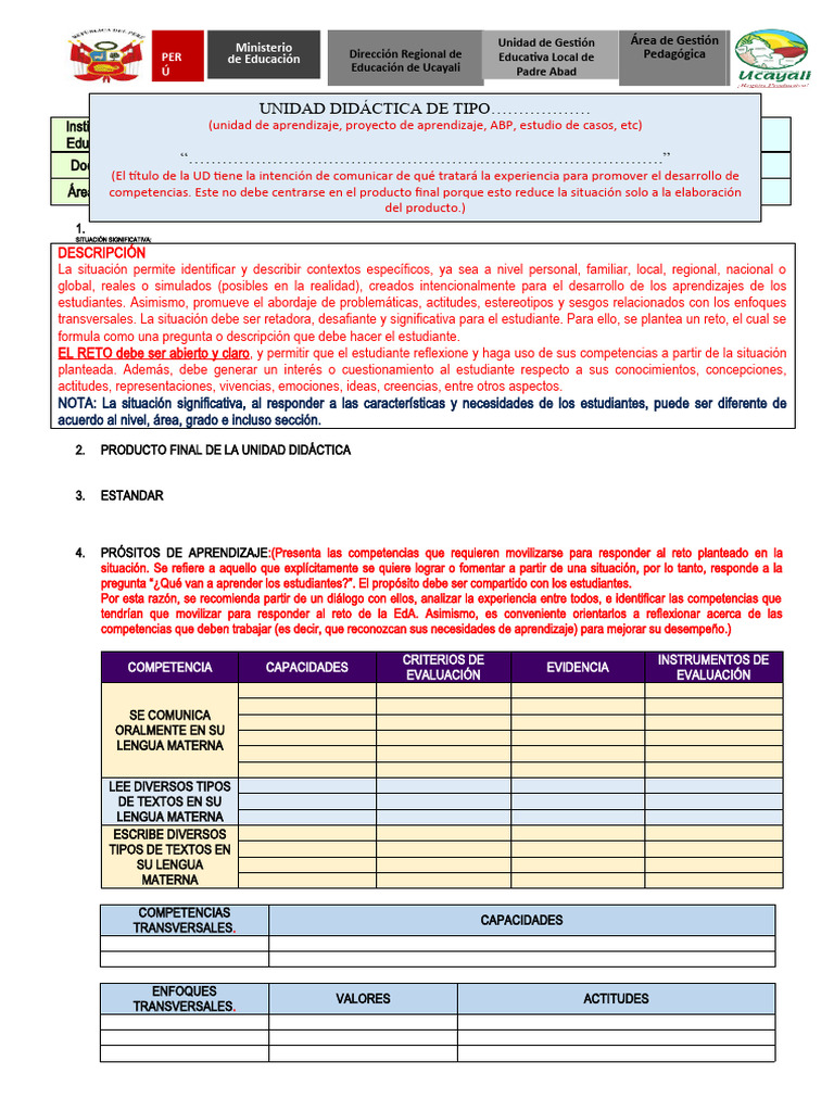 Formato Unidad Didáctica - Ugel Padre Abad - 2024 | PDF | Evaluación | Aprendizaje