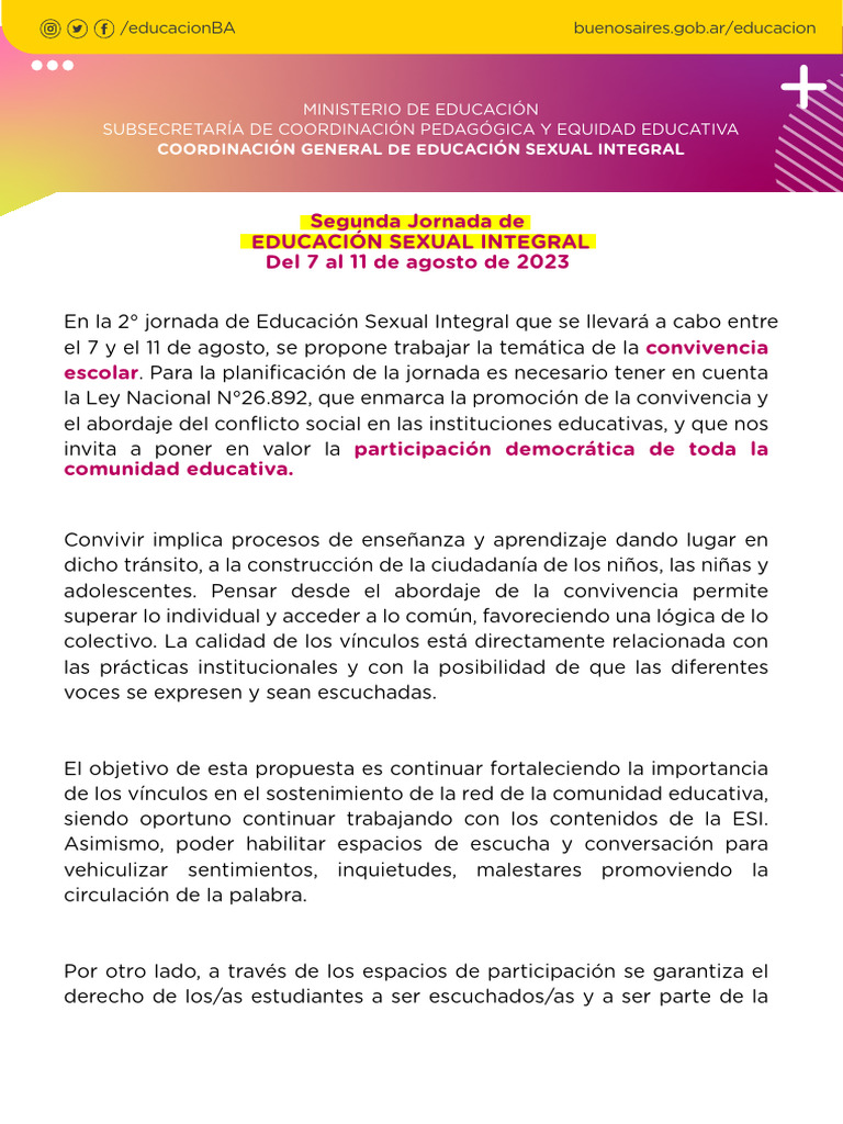 Segunda Jornada ESI 2023 | PDF | Educación sexual | Educación de la primera infancia