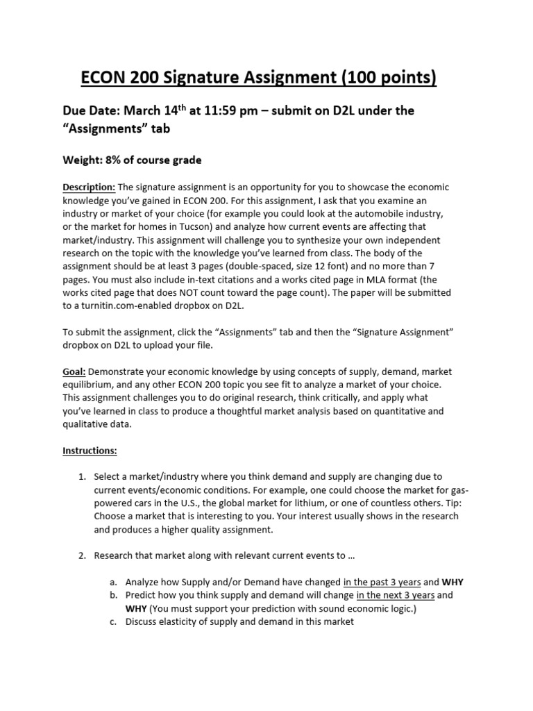 ECON 200 Signature Assignment Instructions | PDF | Supply (Economics) | Demand