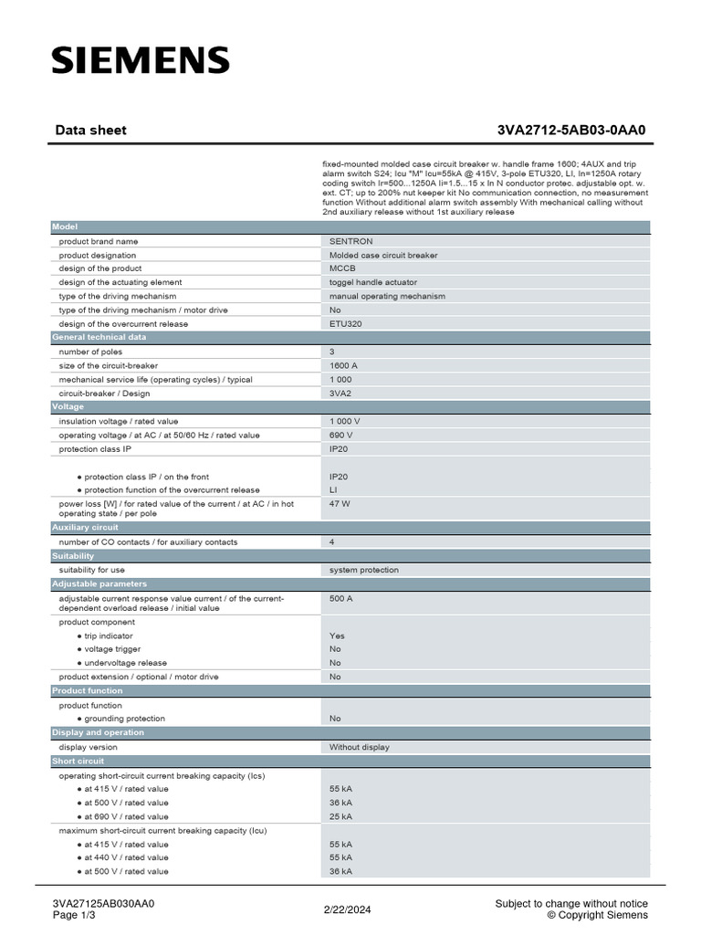 3VA27125AB030AA0 Datasheet en | PDF | Switch | Manufactured Goods