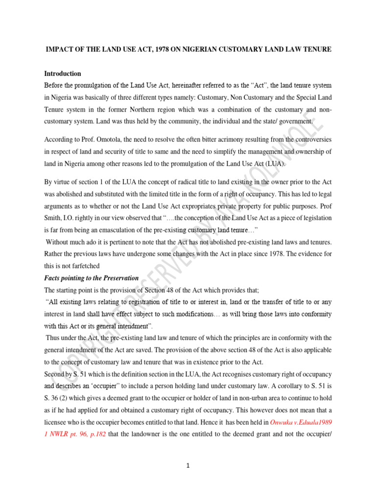 Impact of 1978 Land Use Act on Customary Law | PDF | Leasehold Estate ...