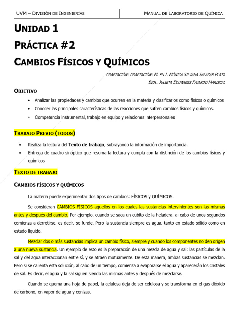 1P - QL6 - P2 - Cambios Químicos y Cambios Físicos (1) - 2-14 | PDF ...