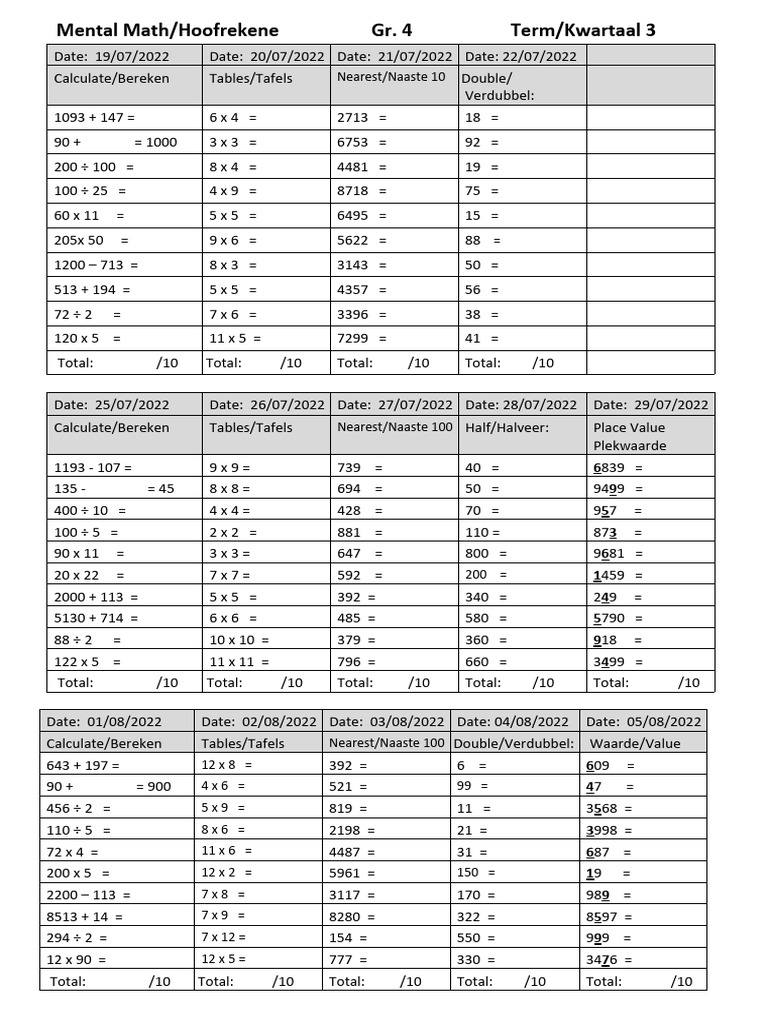 Mental Math GR 4 - Term 3 | PDF | Mathematics | Arithmetic
