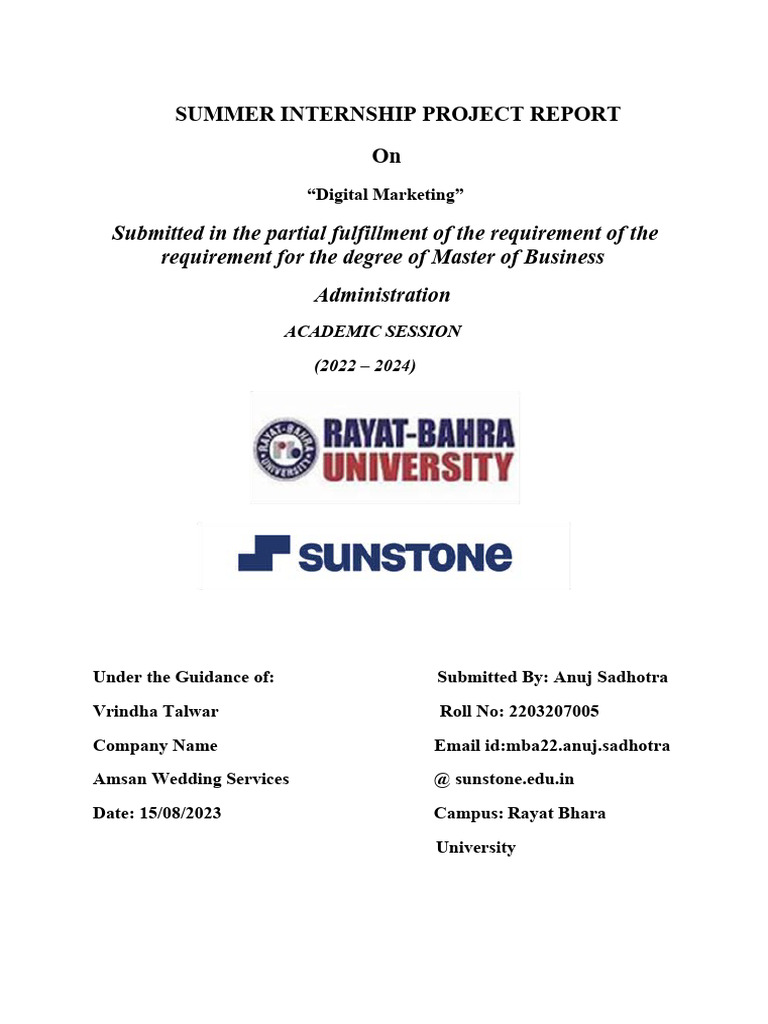 Anuj Sadhotra Summer Internship Project Report Format (Work Experience) | PDF | Digital ...