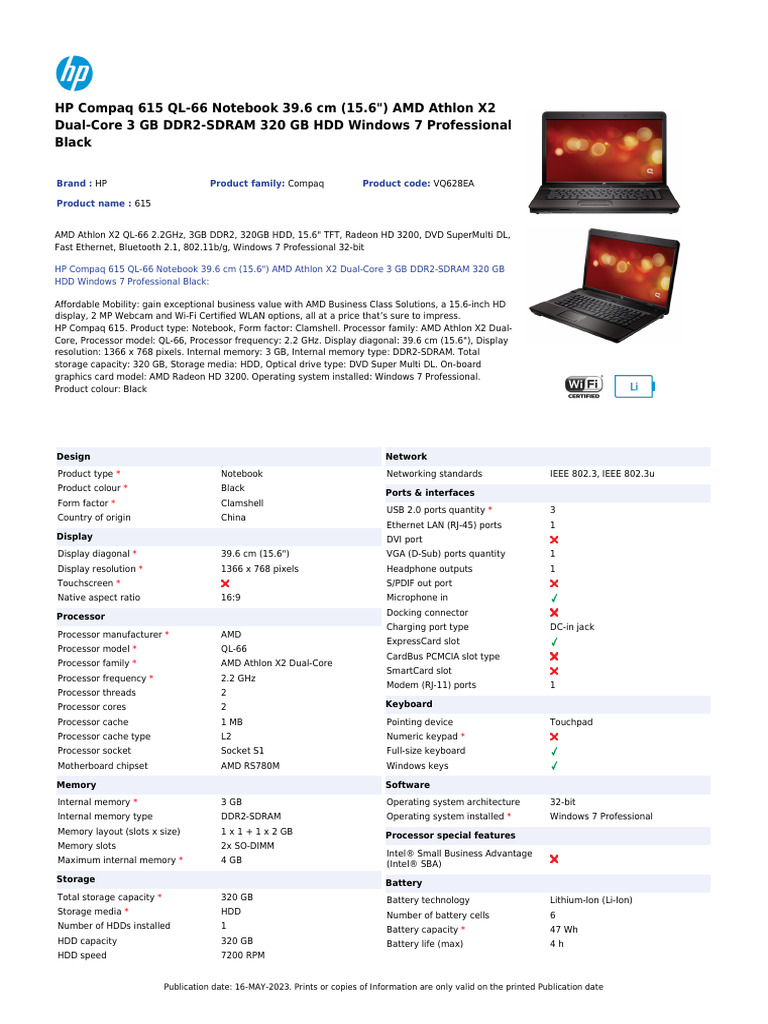 Compaq 615 QL-66 - Specs | PDF | Laptop | Computer Data Storage
