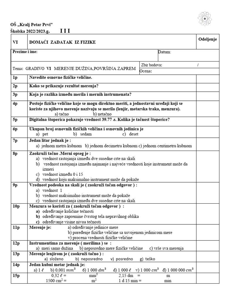 Pitanja Inicijalni Vii Razred | PDF