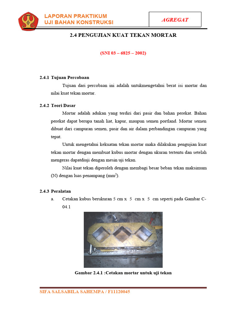 BAB 2.4 SEMEN MORTAR (Kuat Tekan Mortar) Fix | PDF