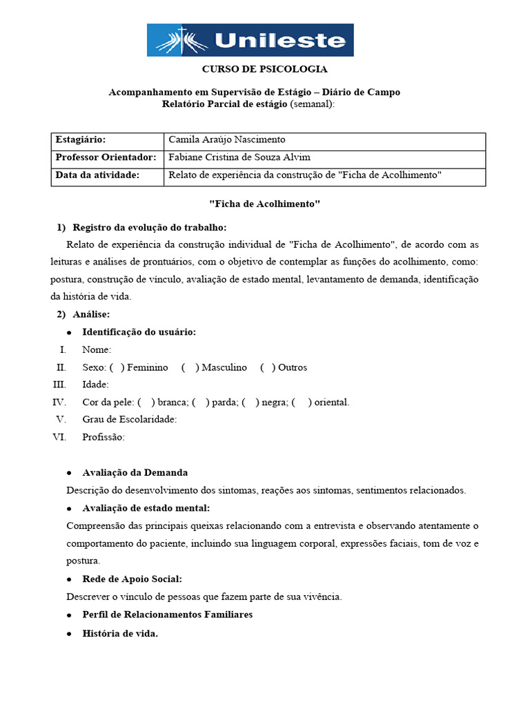 Relatório - Ficha de Acolhimento | PDF | Psicologia | Ciências ...