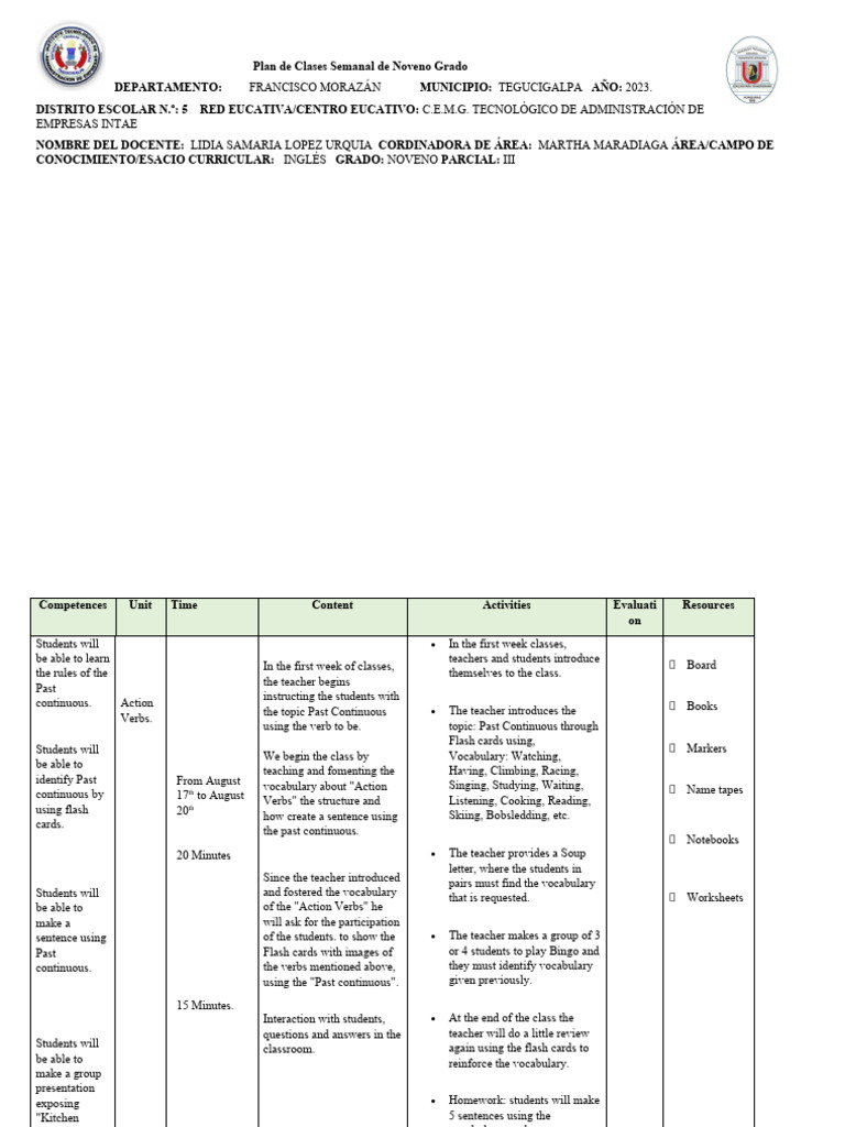 Lesson Plan PAST CONTINUOS Ninth Grade IIIP | PDF | Learning Methods ...
