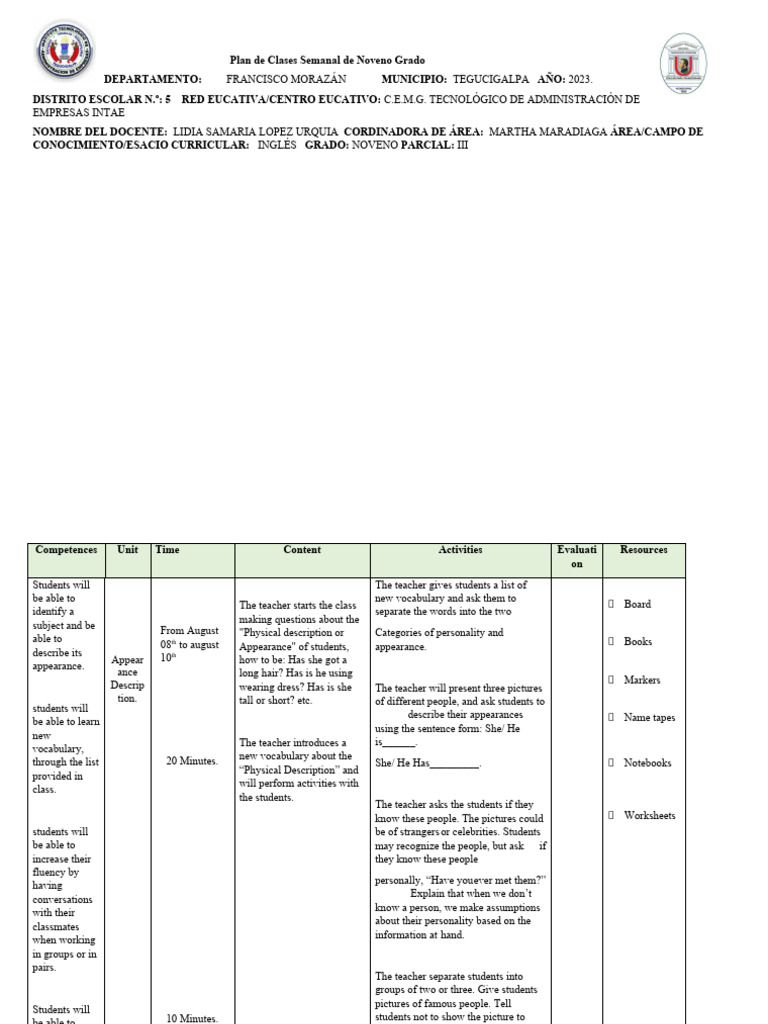 Lesson Plan PHYSICAL DESCRIPTION Ninth Grade IIP | PDF | Cognitive Science | Learning
