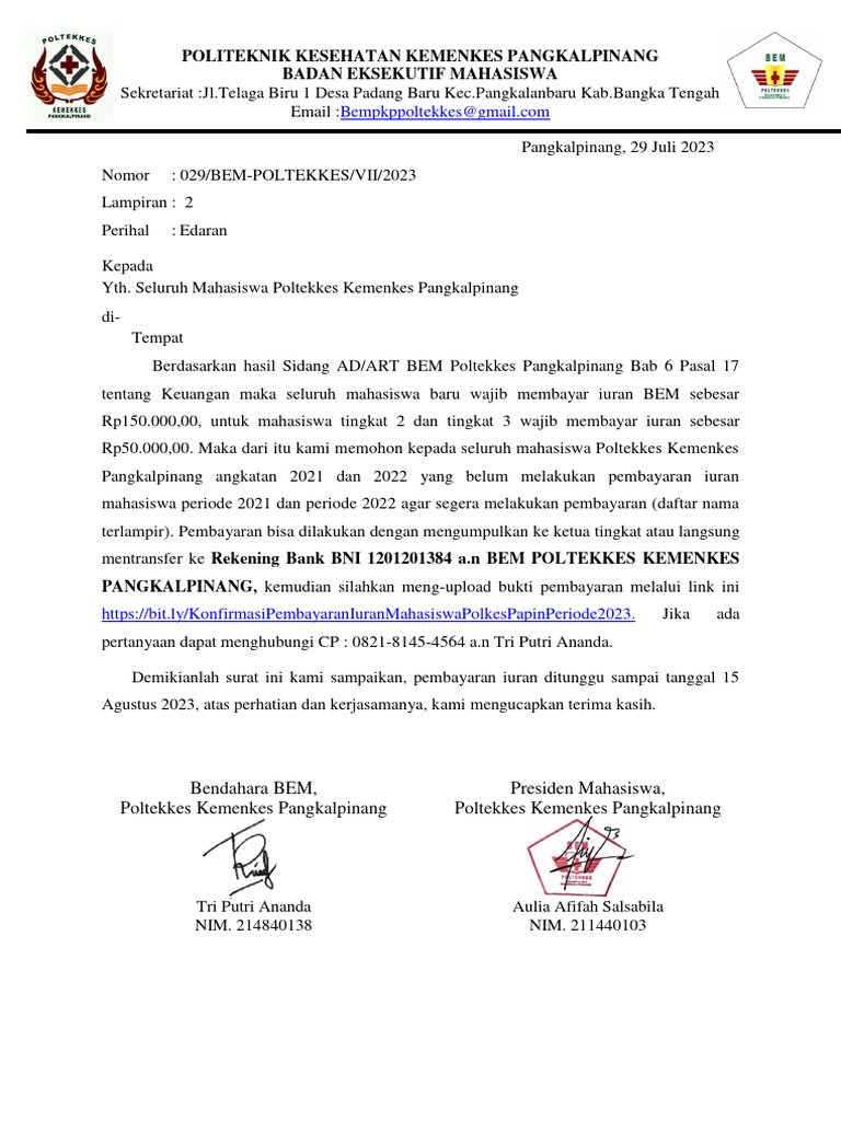 029 - Surat Edaran Iuran BEM 2023 | PDF