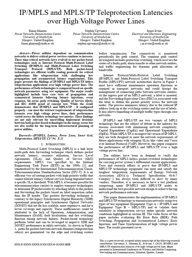 Ghanem Etal WiMob 2023 IP MPLS and MPLS TP Teleprotection Latencies Over High Voltage Power ...