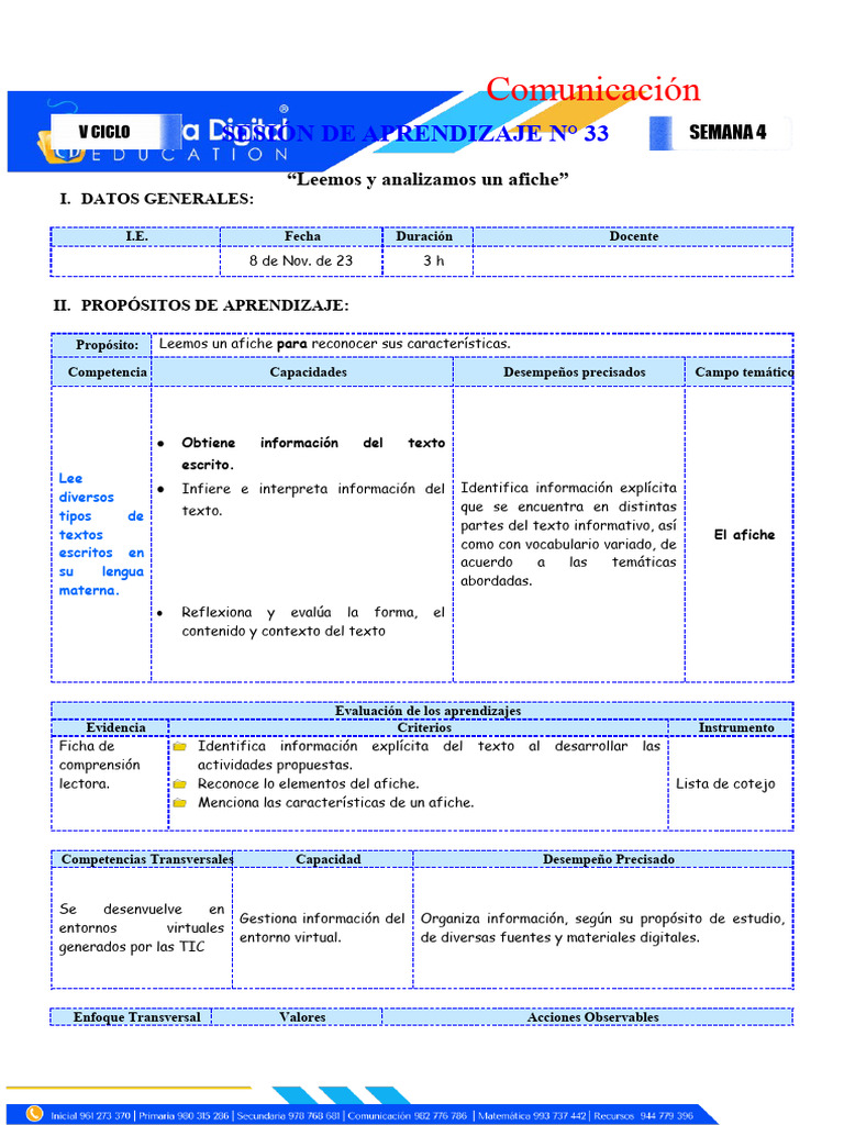 33° - Sesión - de - Aprendizaje 33°-Sem.4-Exp.7-Com | PDF | Aprendizaje | Evaluación