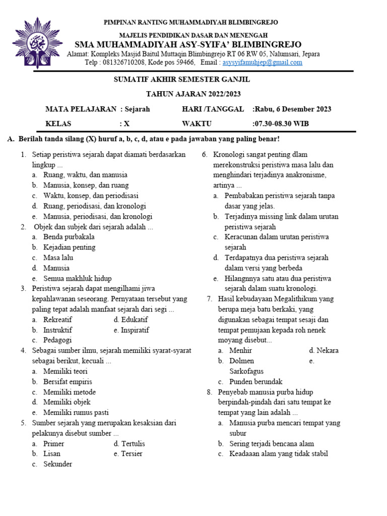 SOAL SEJARAH SAS KLS X Ganjil | PDF