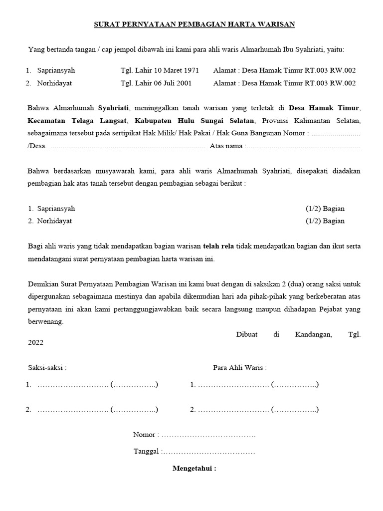 Surat Pernyataan Pembagian Harta Warisan | PDF