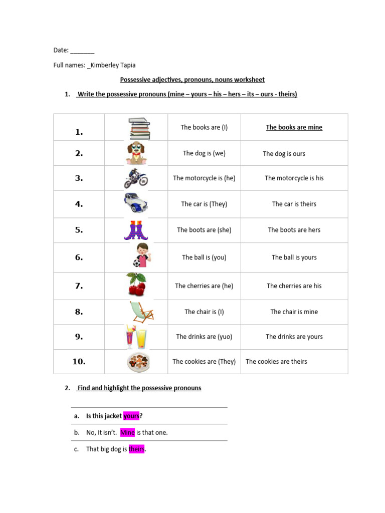 Possessives Adjectives - Pronous - Nouns Kimberley | PDF | Languages ...